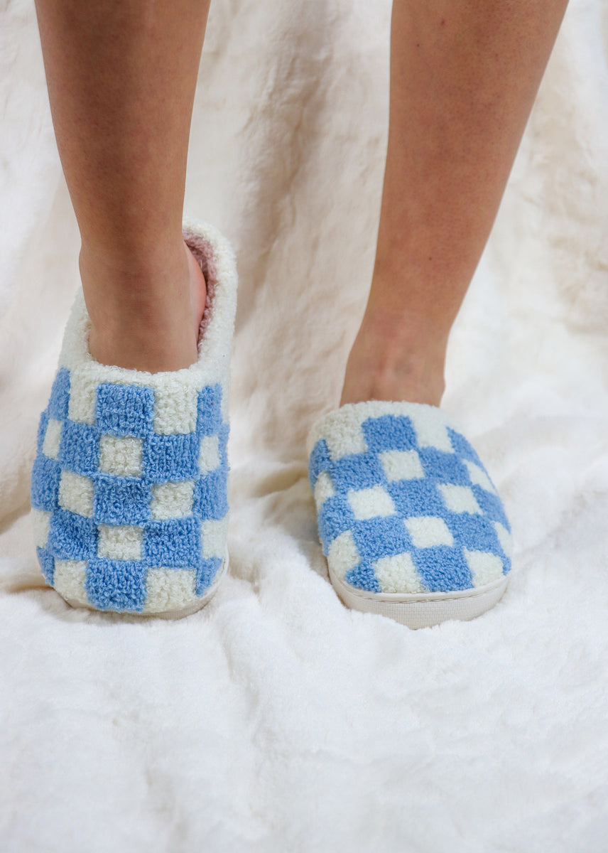 Checkered Slip-on Fuzzy Slipper ★ Blue & White – Rock N Rags